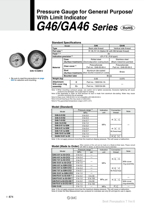 [SMC Pneumatics]Pressure Gauge G46-2-01-C — Mechatalk